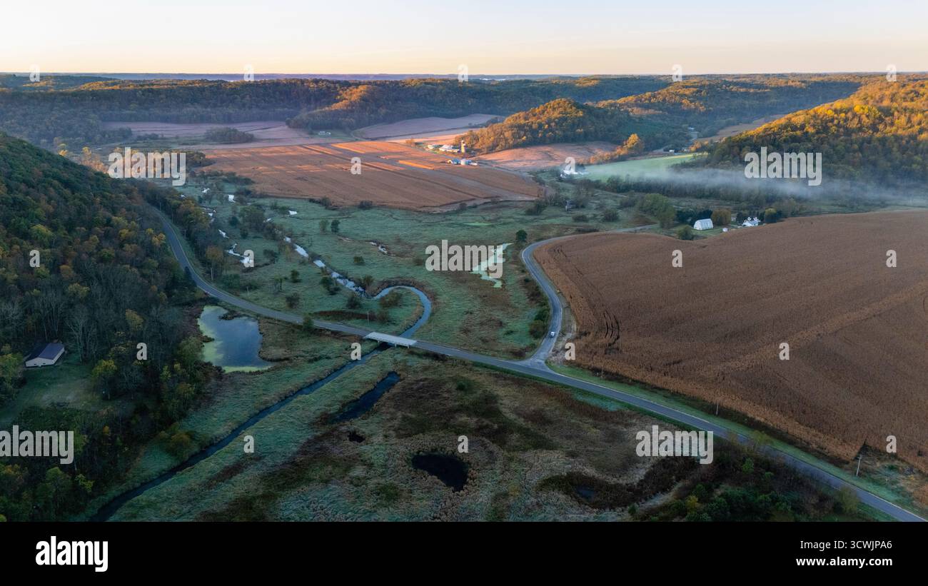 Aerial photograph of sunrise over rural southwest Wisconsin in the ...