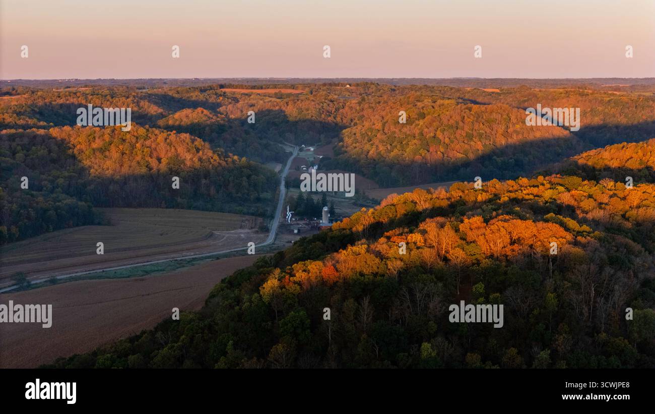 Aerial photograph of sunrise over rural southwest Wisconsin in the ...