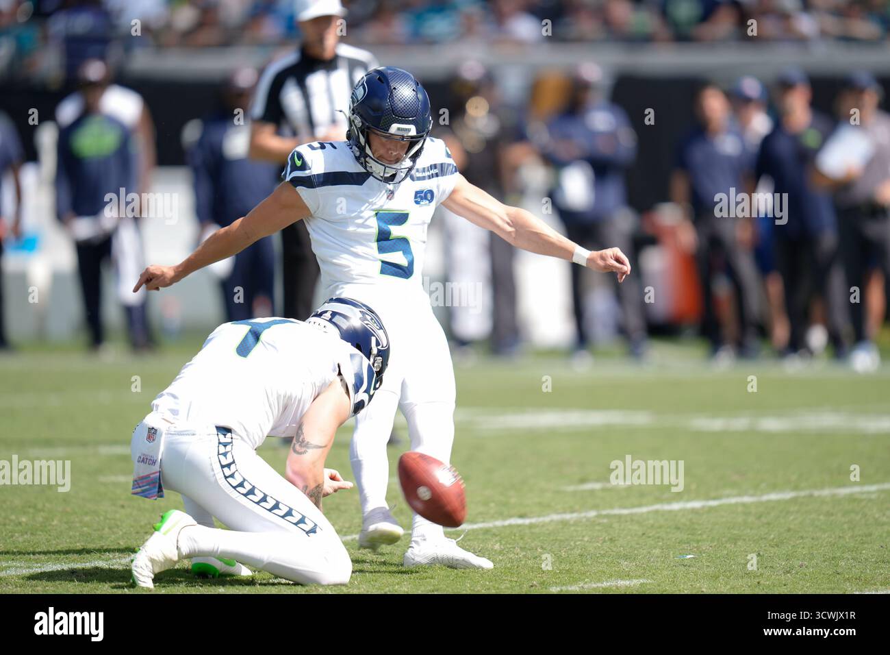 Seattle Seahawks kicker Jason Myers (5) kicks a field goal during the ...