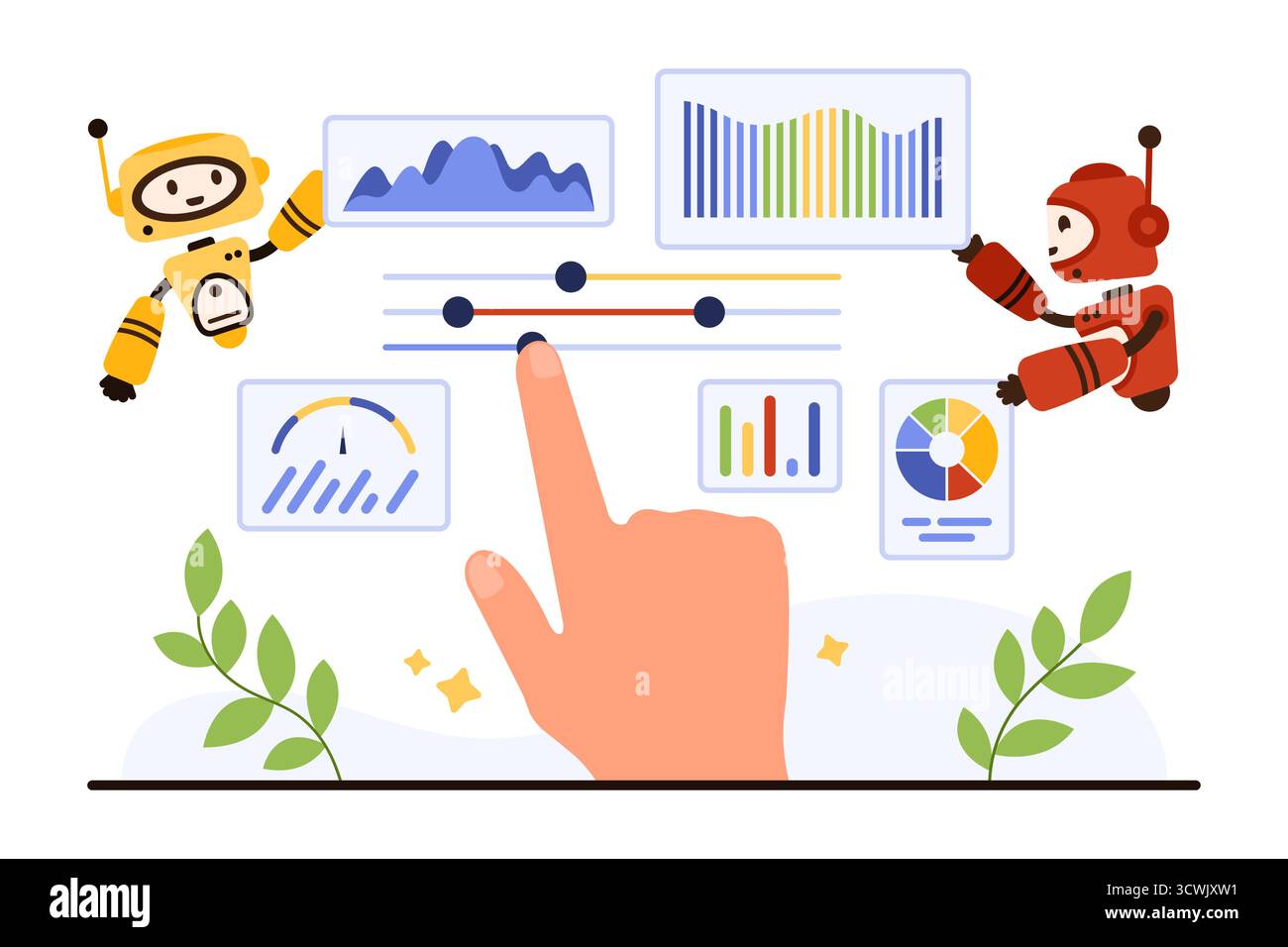 Hand interacts with digital analytics dashboard, surrounded by friendly ...