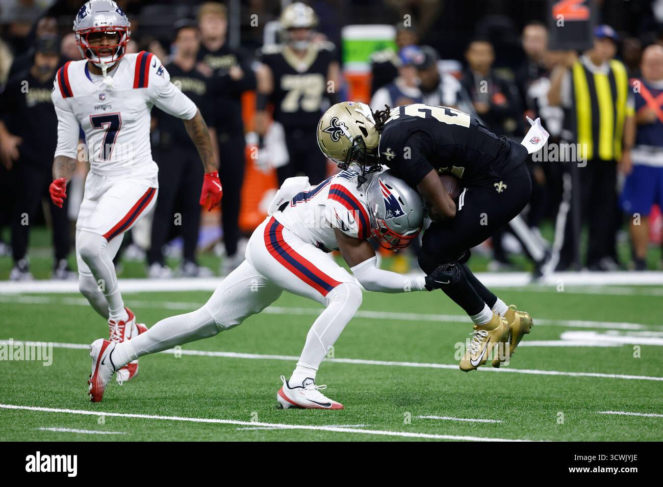 New Orleans Saints wide receiver Rashid Shaheed, right, is tackled by ...