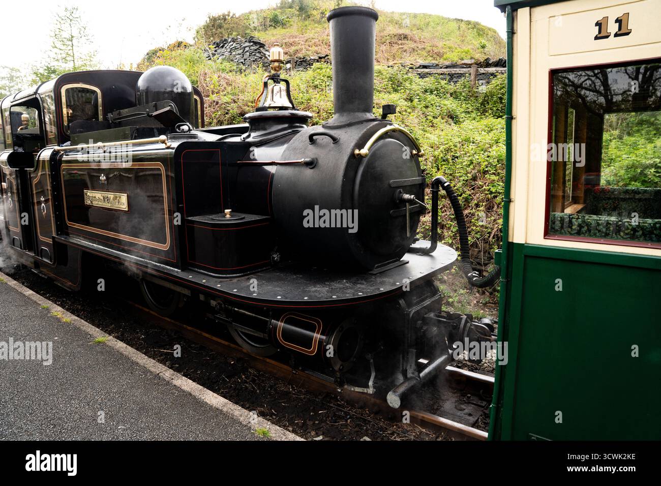 Historic steam locomotive with passenger carriage at heritage railway ...