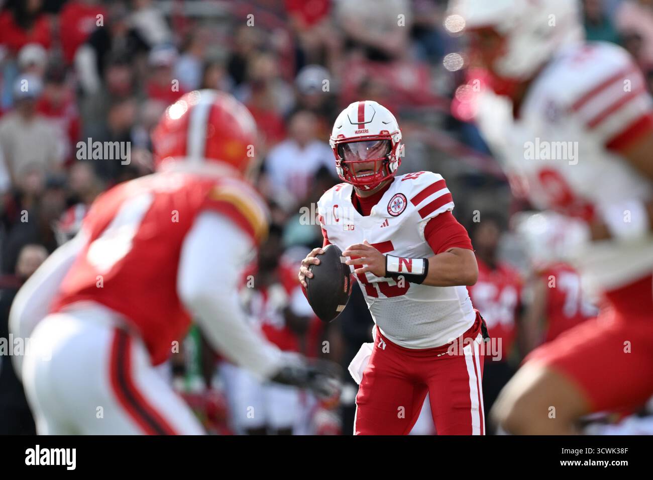 Nebraska quarterback Dylan Raiola (15) looks to throw against Maryland ...