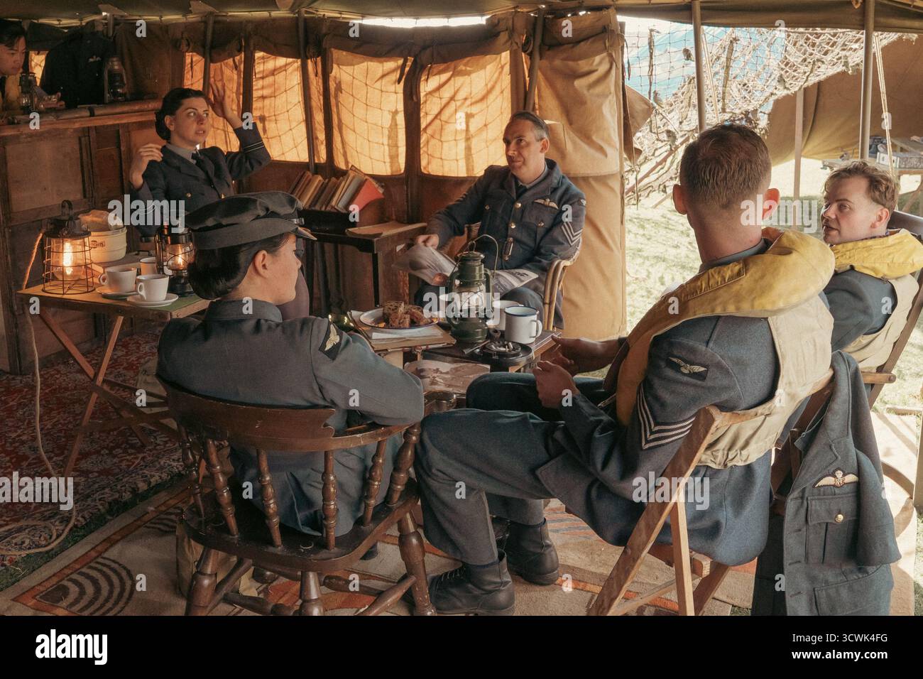 RAF personnel in wartime tent briefing room at Duxford aviation museum ...