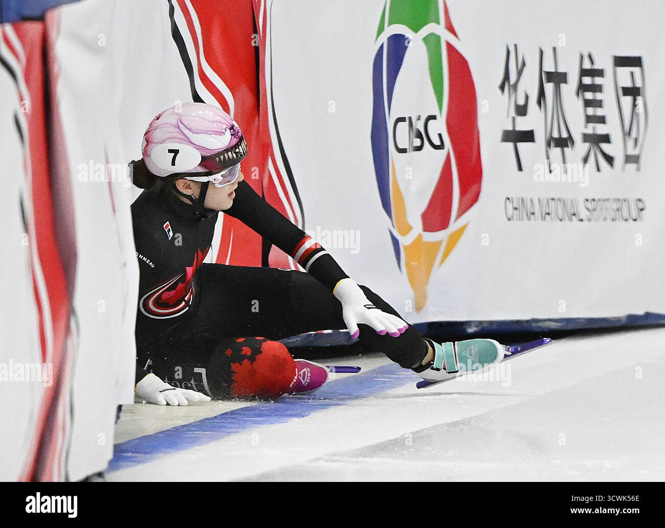 Canada's Danae Blais crashes during the final of the 2000m mixed relay ...