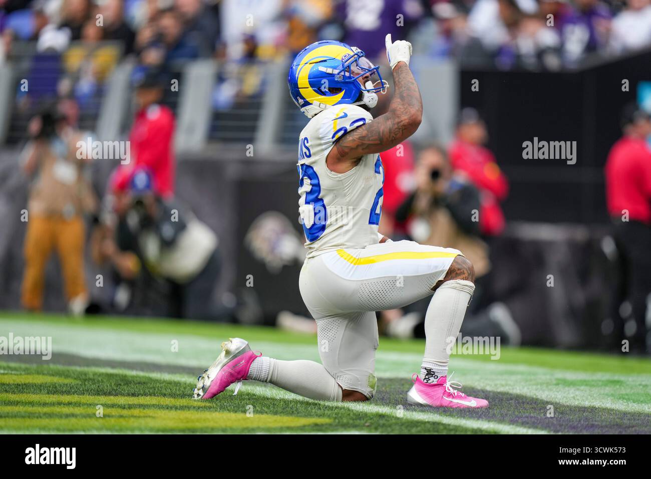 Los Angeles Rams running back Kyren Williams reacts after scoring a ...