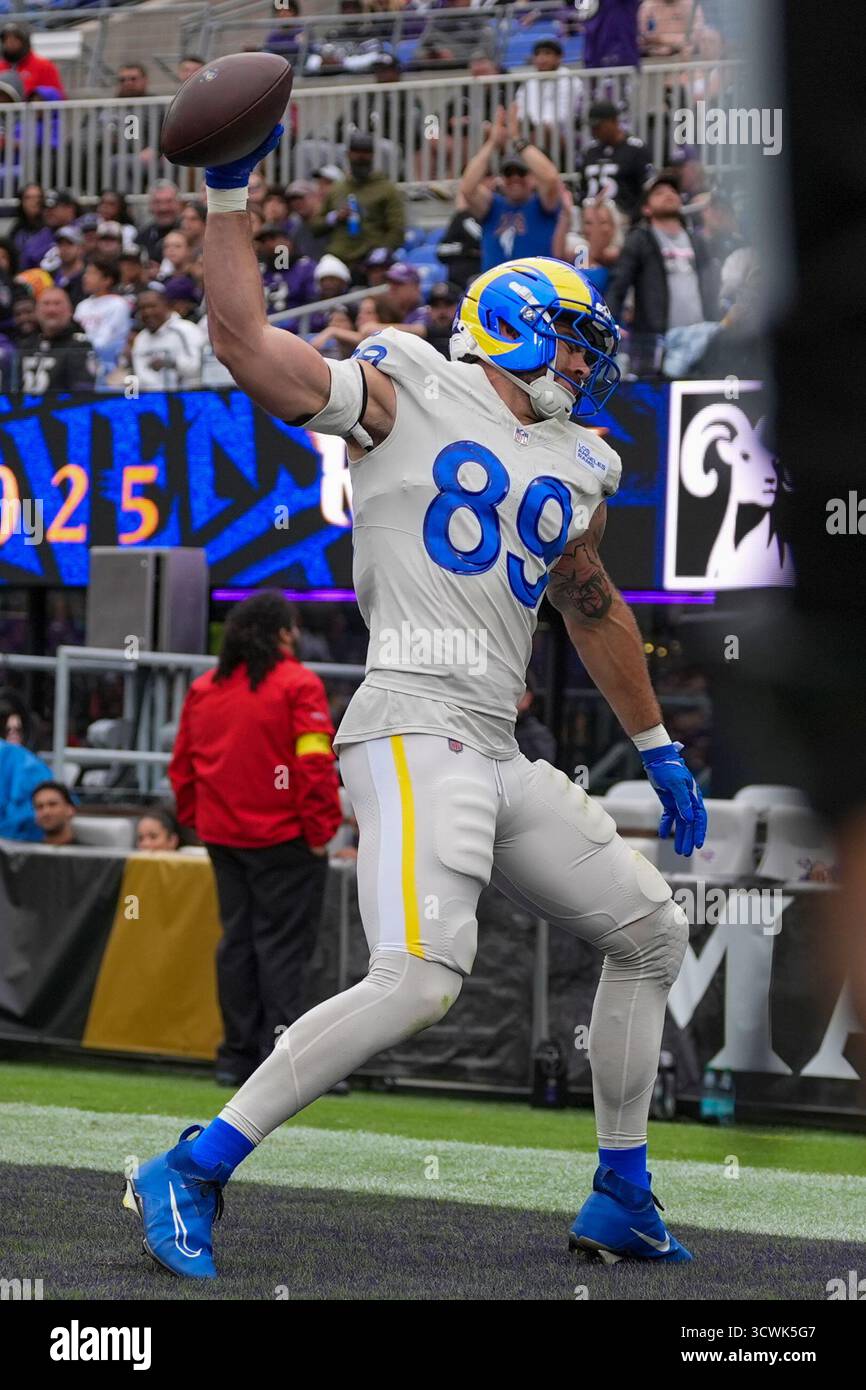 Los Angeles Rams tight end Tyler Higbee spikes the ball after scoring a ...