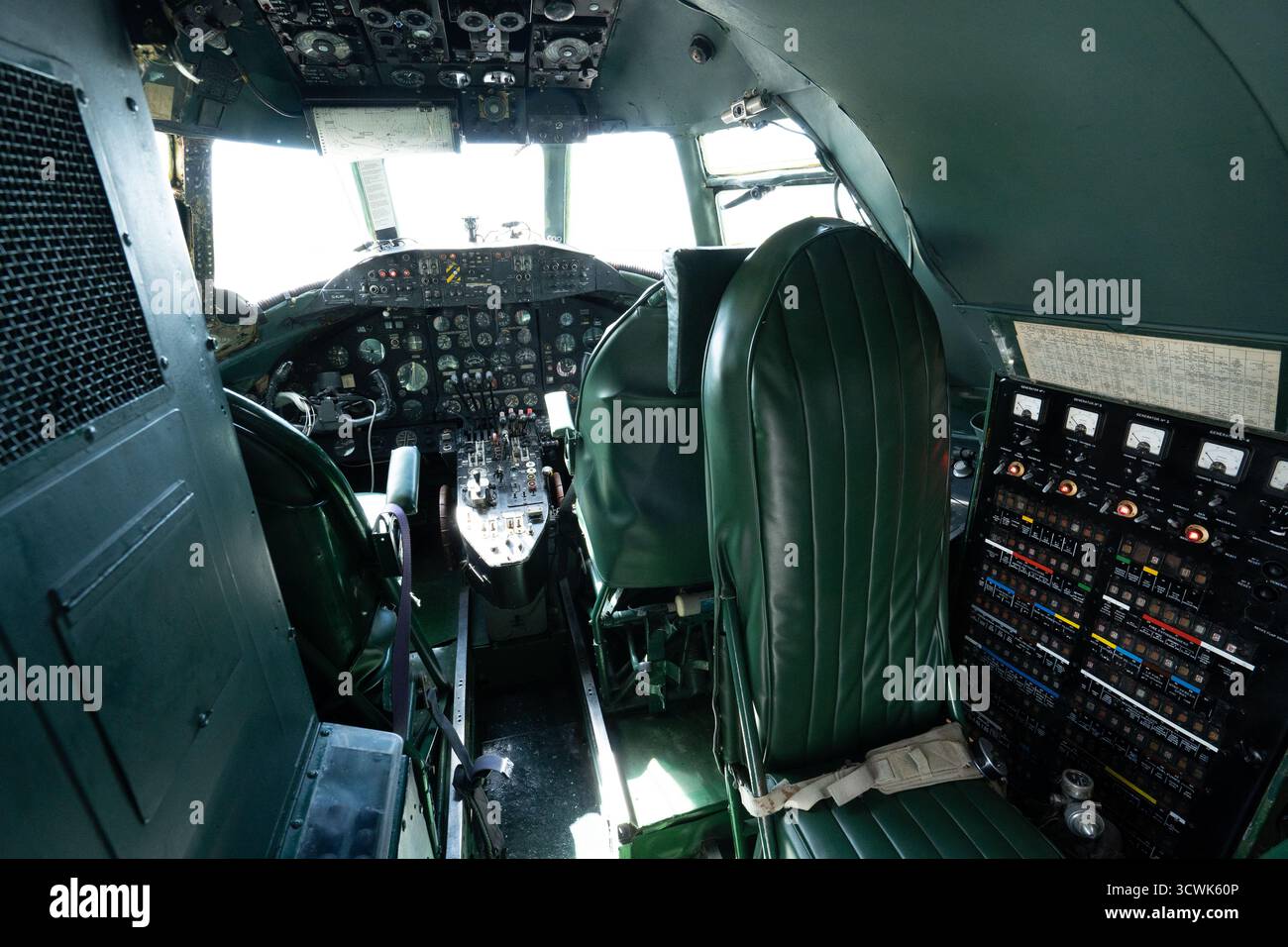Vintage aircraft cockpit interior with instrument panel and pilot seats ...