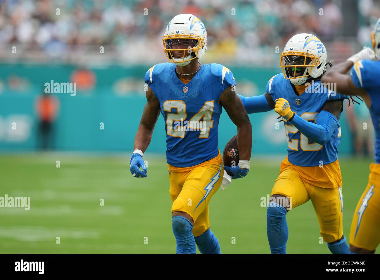 Los Angeles Chargers cornerback Benjamin St-Juste (24) celebrates his ...