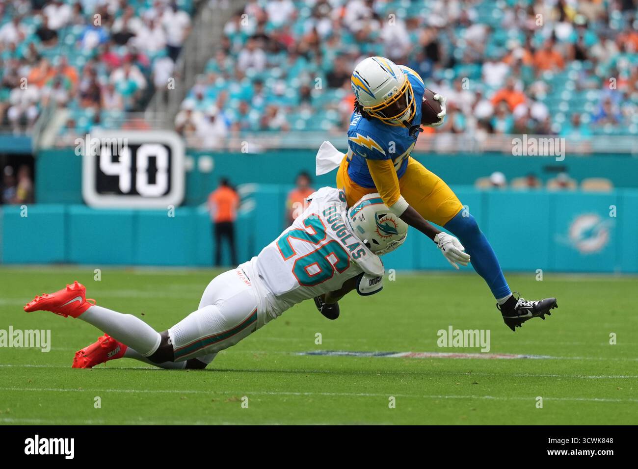 Los Angeles Chargers wide receiver KeAndre Lambert-Smith, right, is ...