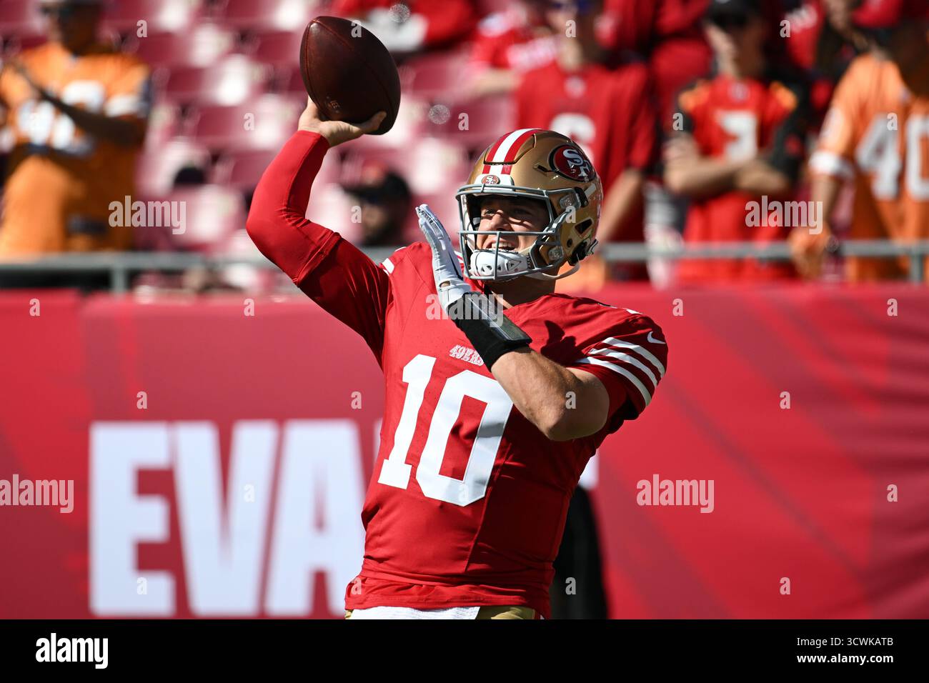San Francisco 49ers quarterback Mac Jones warms up before an NFL ...