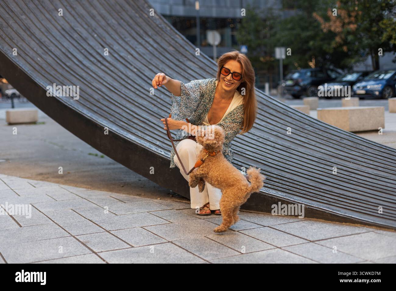 Cheerful Woman Playing With Her Cute Poodle In An Urban Setting. The ...