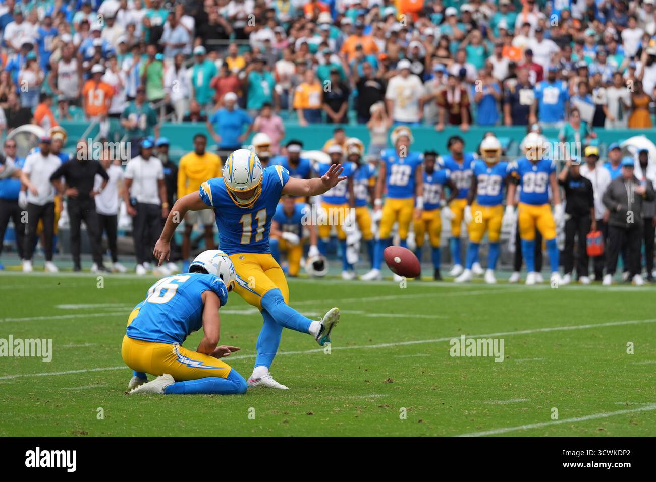 Los Angeles Chargers place kicker Cameron Dicker (11) kicks a game ...
