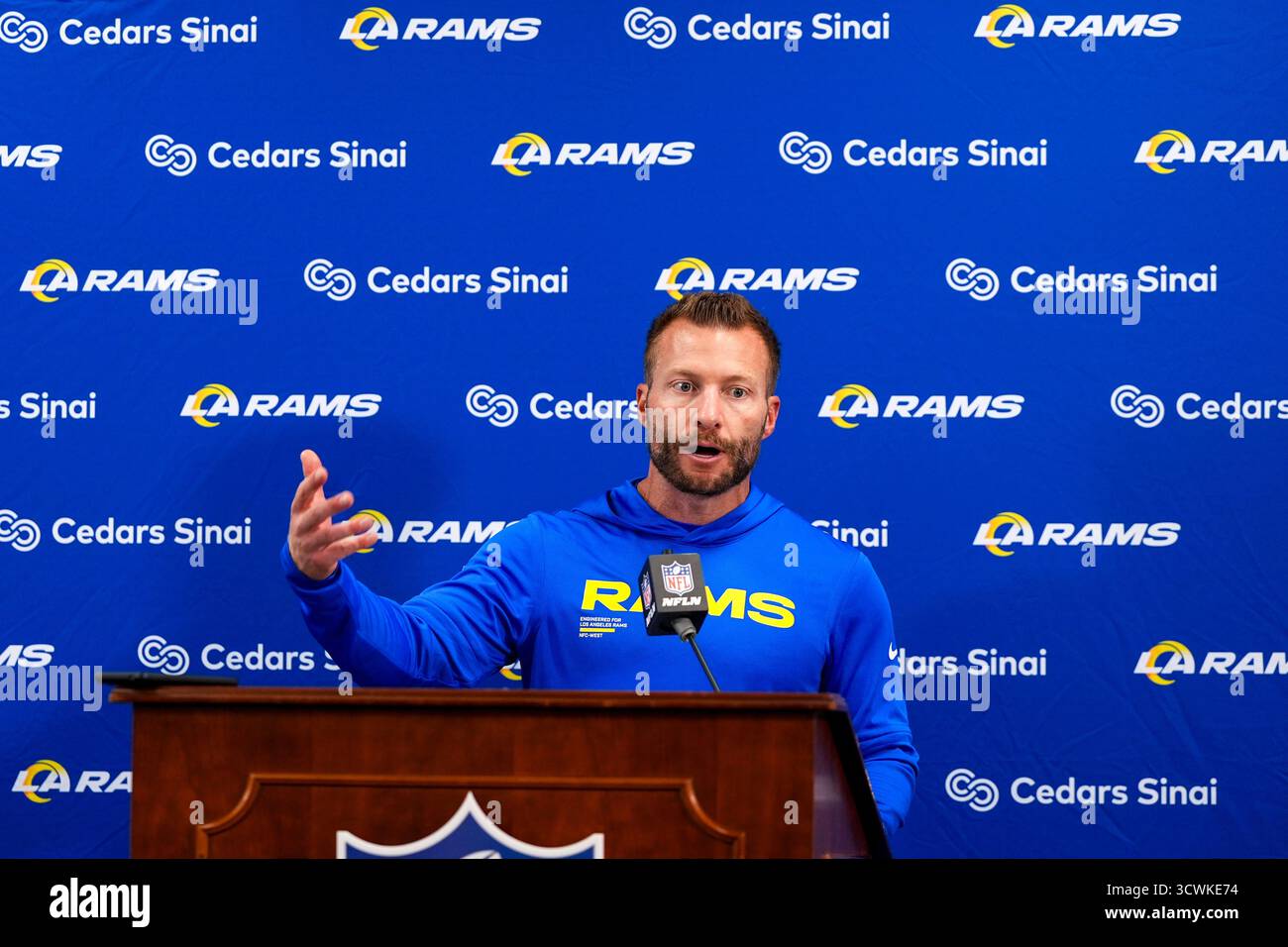 Los Angeles Rams head coach Sean McVay speaks to reporters following an ...