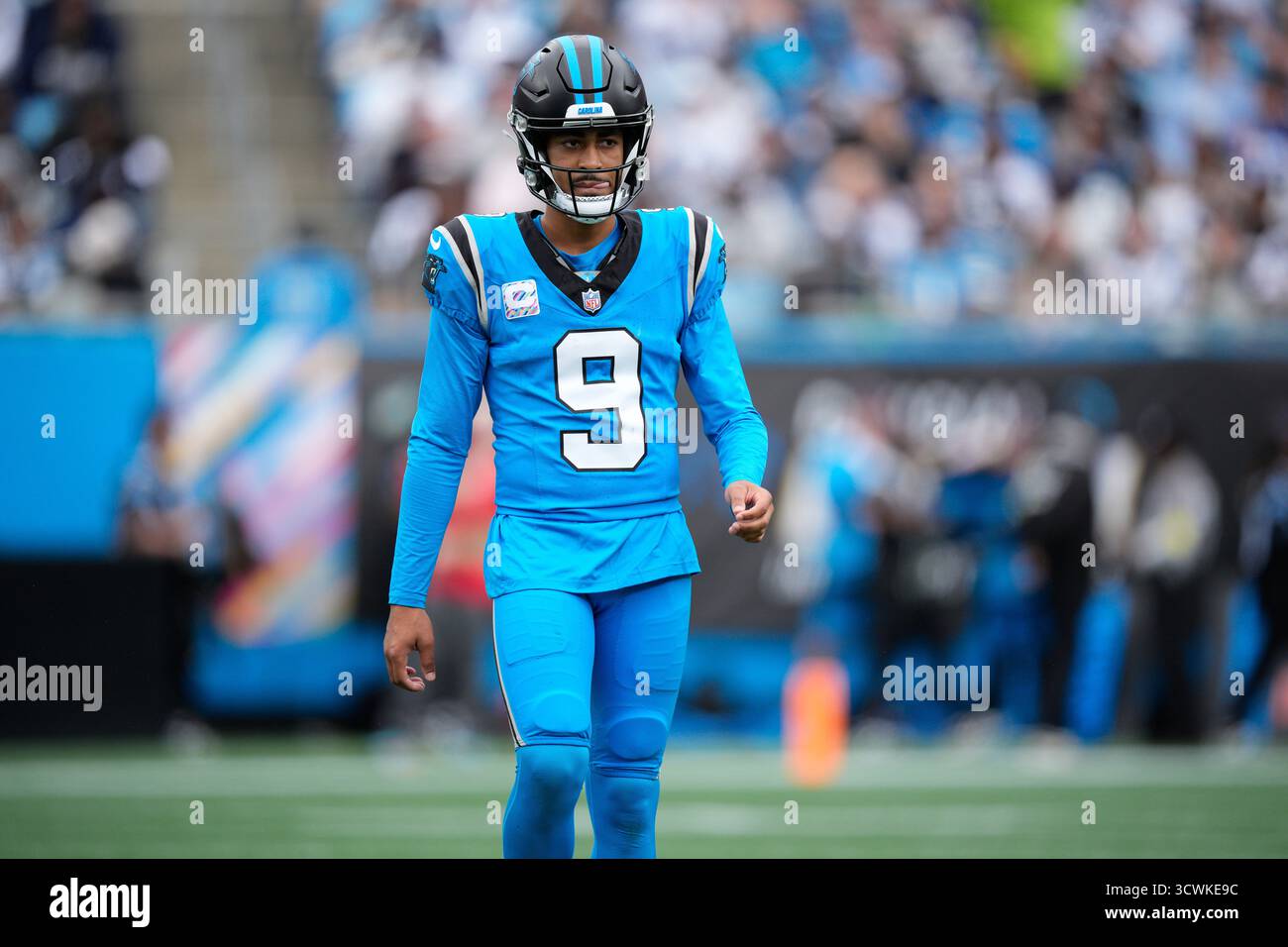 Carolina Panthers quarterback Bryce Young (9) stands on the field in ...