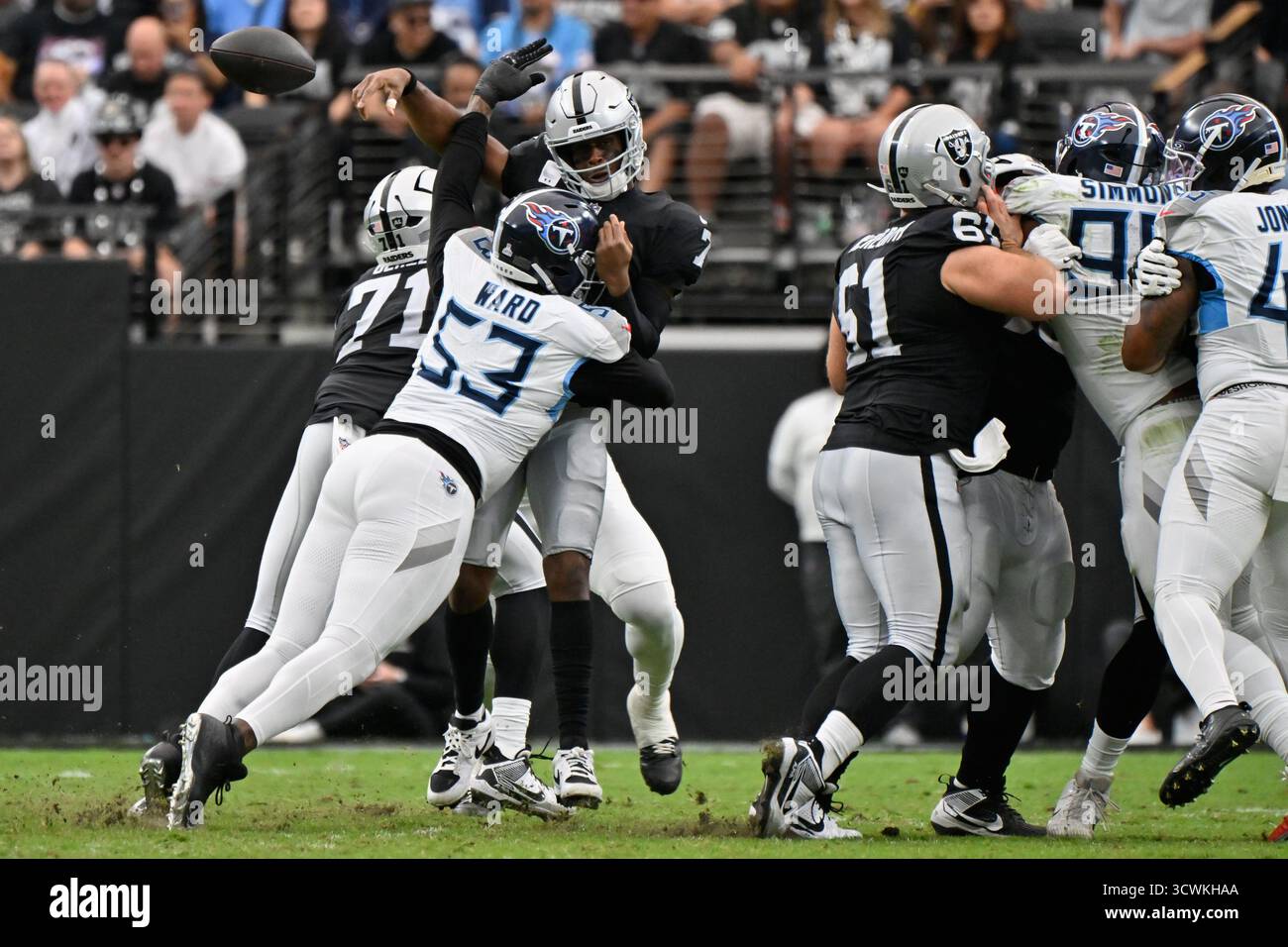 Las Vegas Raiders quarterback Geno Smith (7) throws an incomplete pass ...