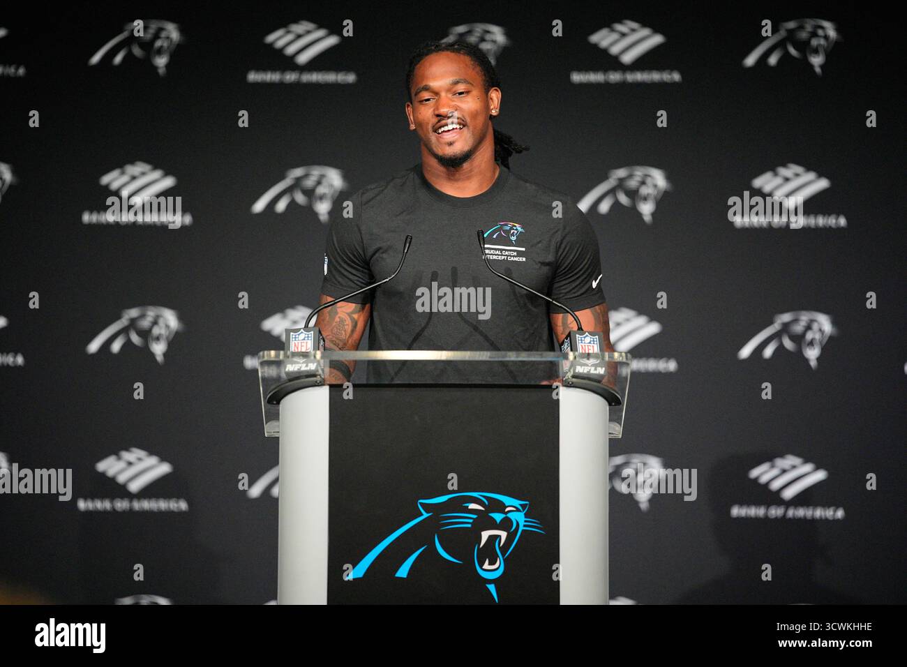 Carolina Panthers running back Rico Dowdle responds to questions during ...