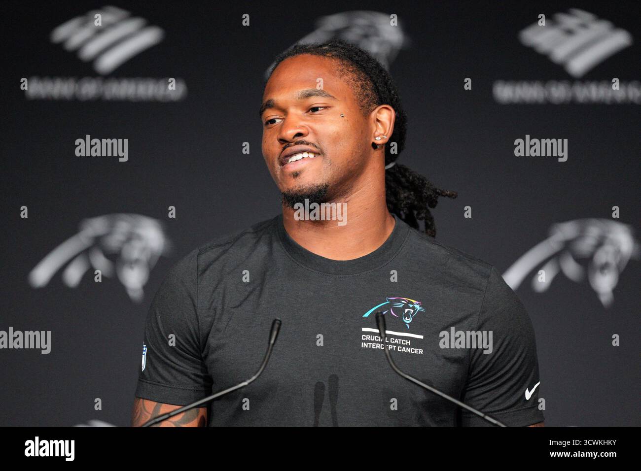 Carolina Panthers running back Rico Dowdle responds to questions during ...