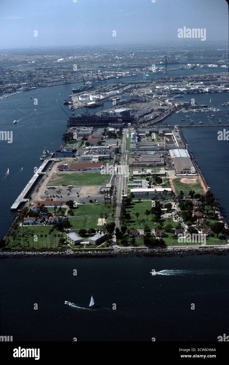 Long Beach CA USA 1985. Aerial view of the greater Long Beach harbor ...