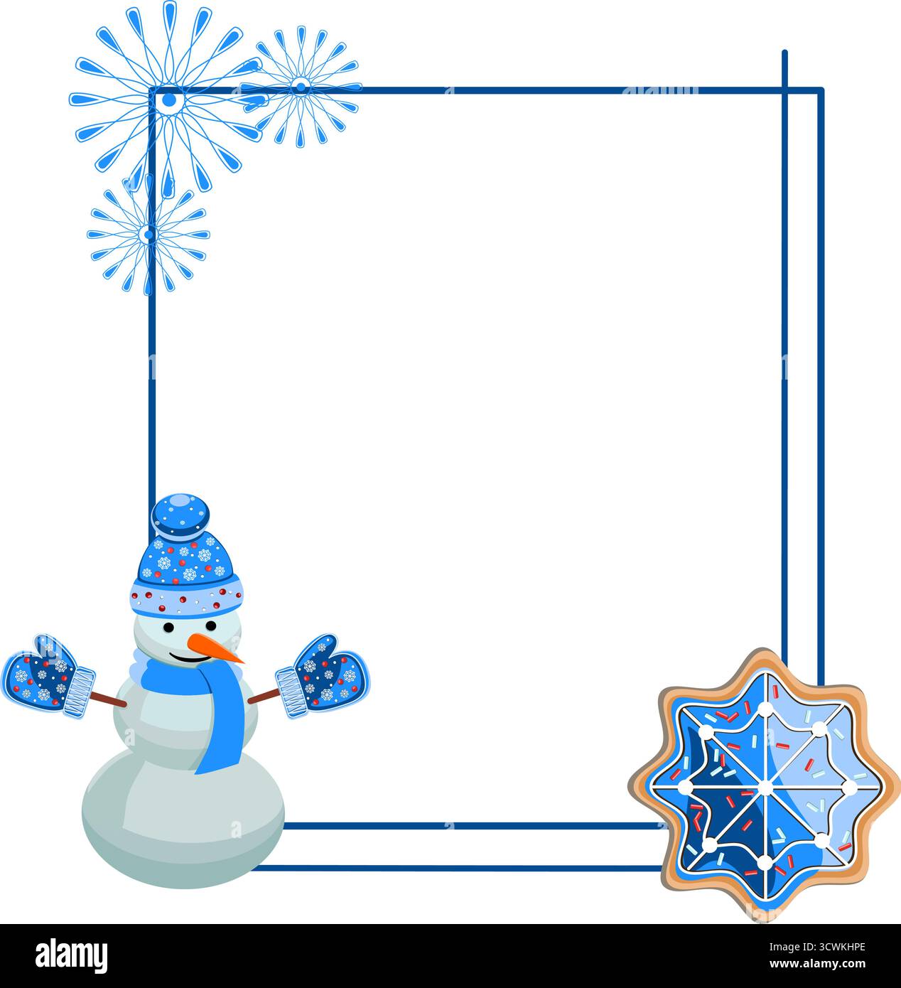 Holiday frame with snowman in mittens and hat, snowflakes, gingerbread ...
