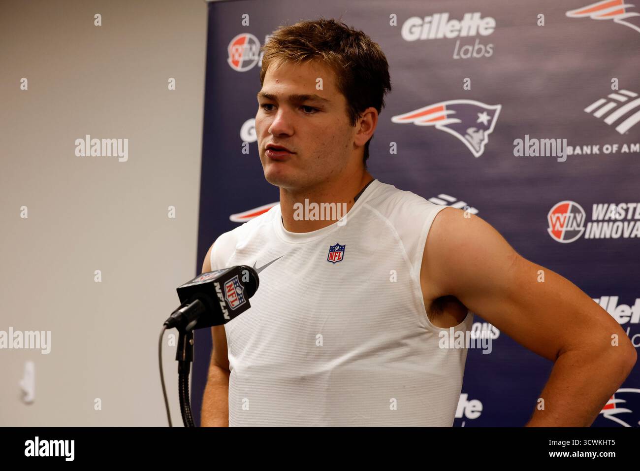 New England Patriots' Drake Maye speaks to media after an NFL football ...