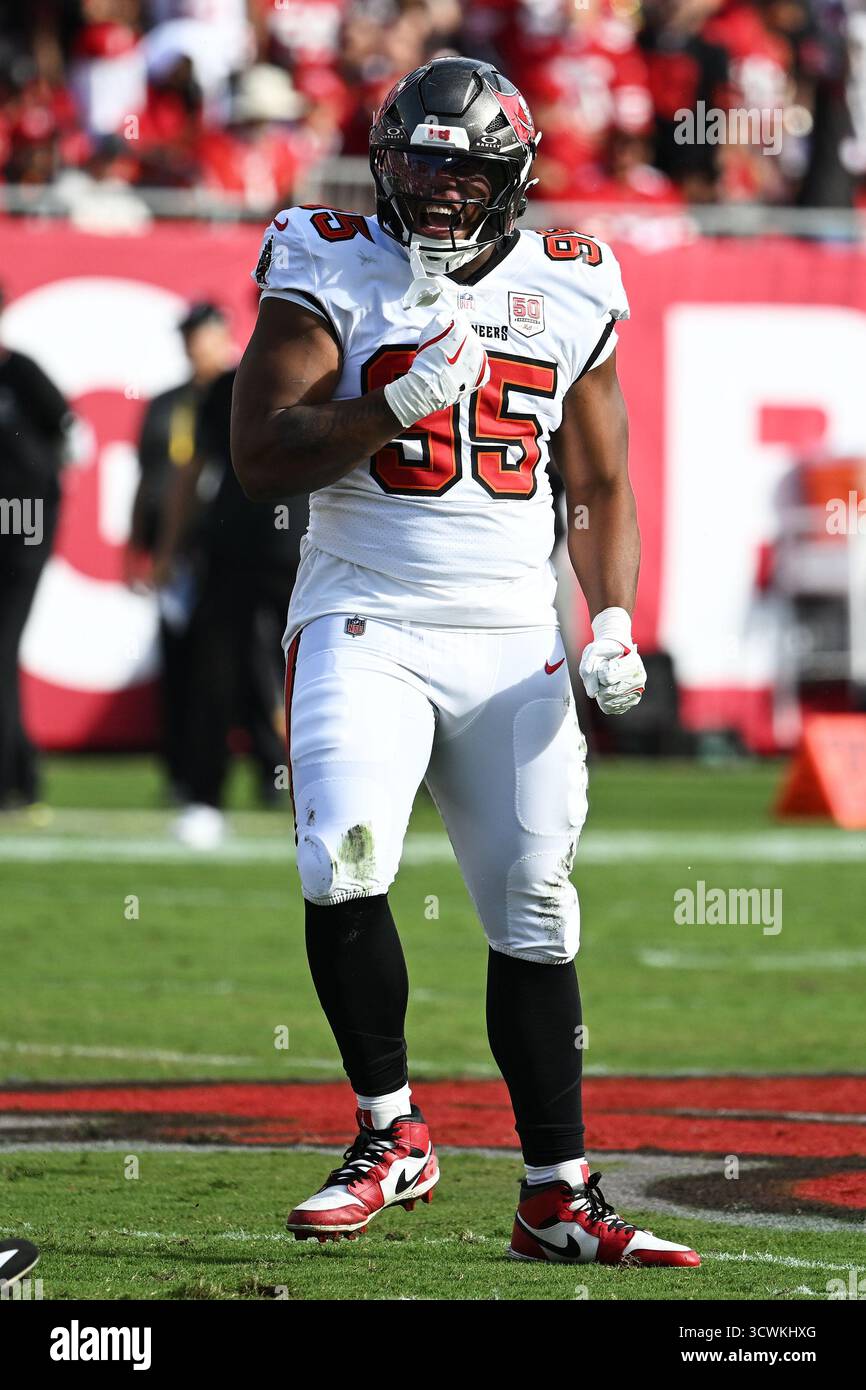 Tampa Bay Buccaneers defensive end Elijah Roberts reacts after sacking ...
