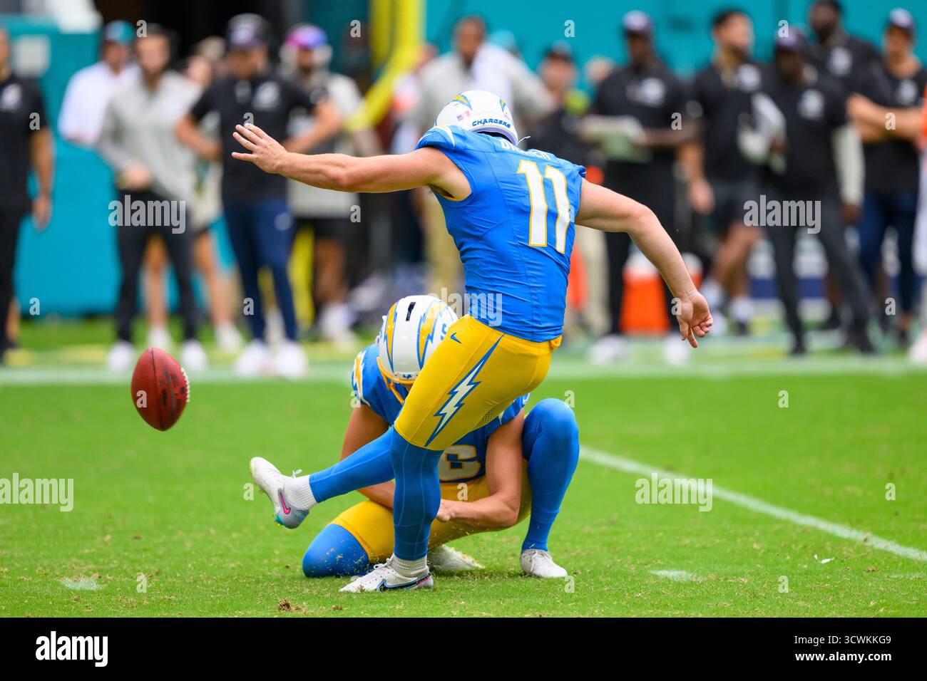 Los Angeles Chargers kicker Cameron Dicker (11) kicks the game-winning ...