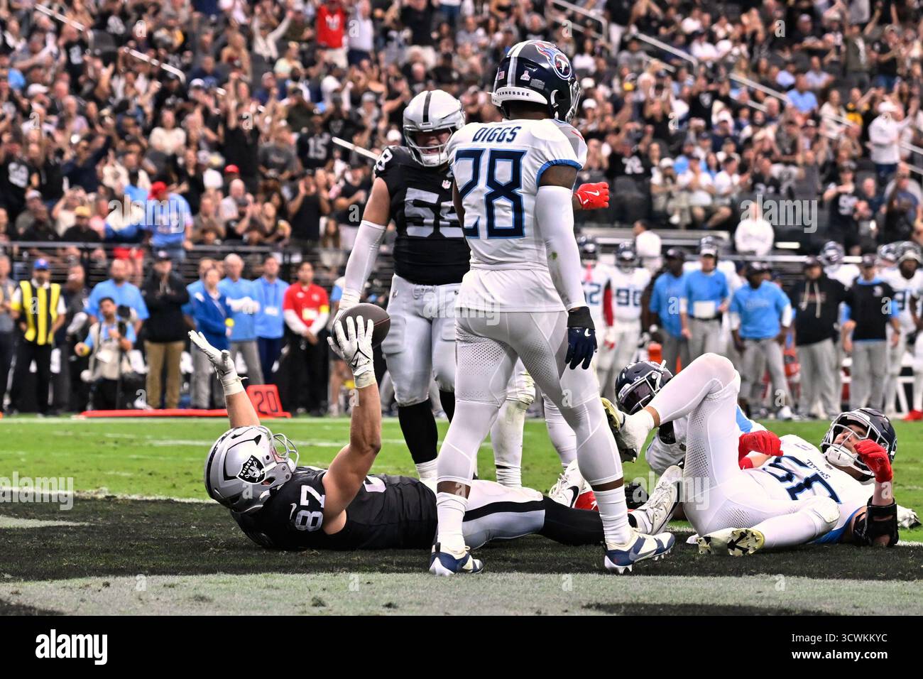 Las Vegas Raiders tight end Michael Mayer (87) celebrates after scoring ...