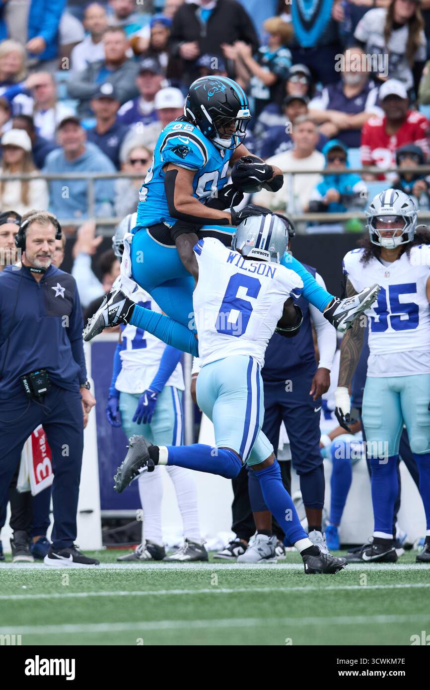 Carolina Panthers tight end Tommy Tremble (82) tries to hurdle Dallas ...