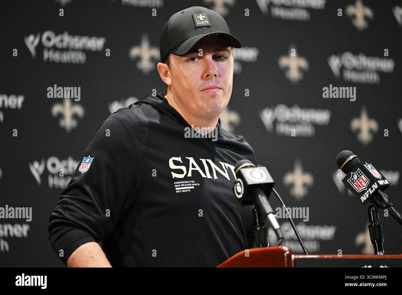 New Orleans Saints head coach Kellen Moore speaks in a news conference ...