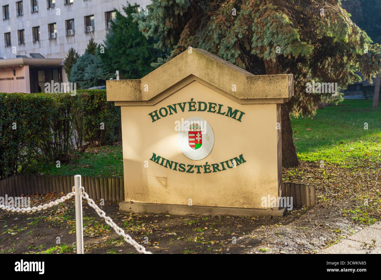 Entrance of the Hungarian Ministry of Defence in Budapest, a central ...
