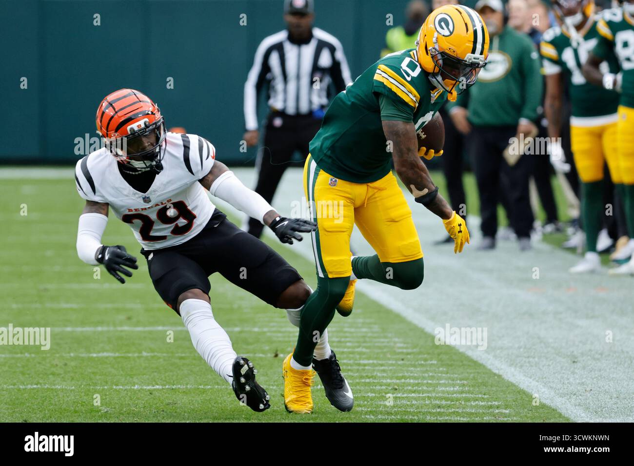 Green Bay Packers' Matthew Golden (0) runs after a catch aqgainst ...