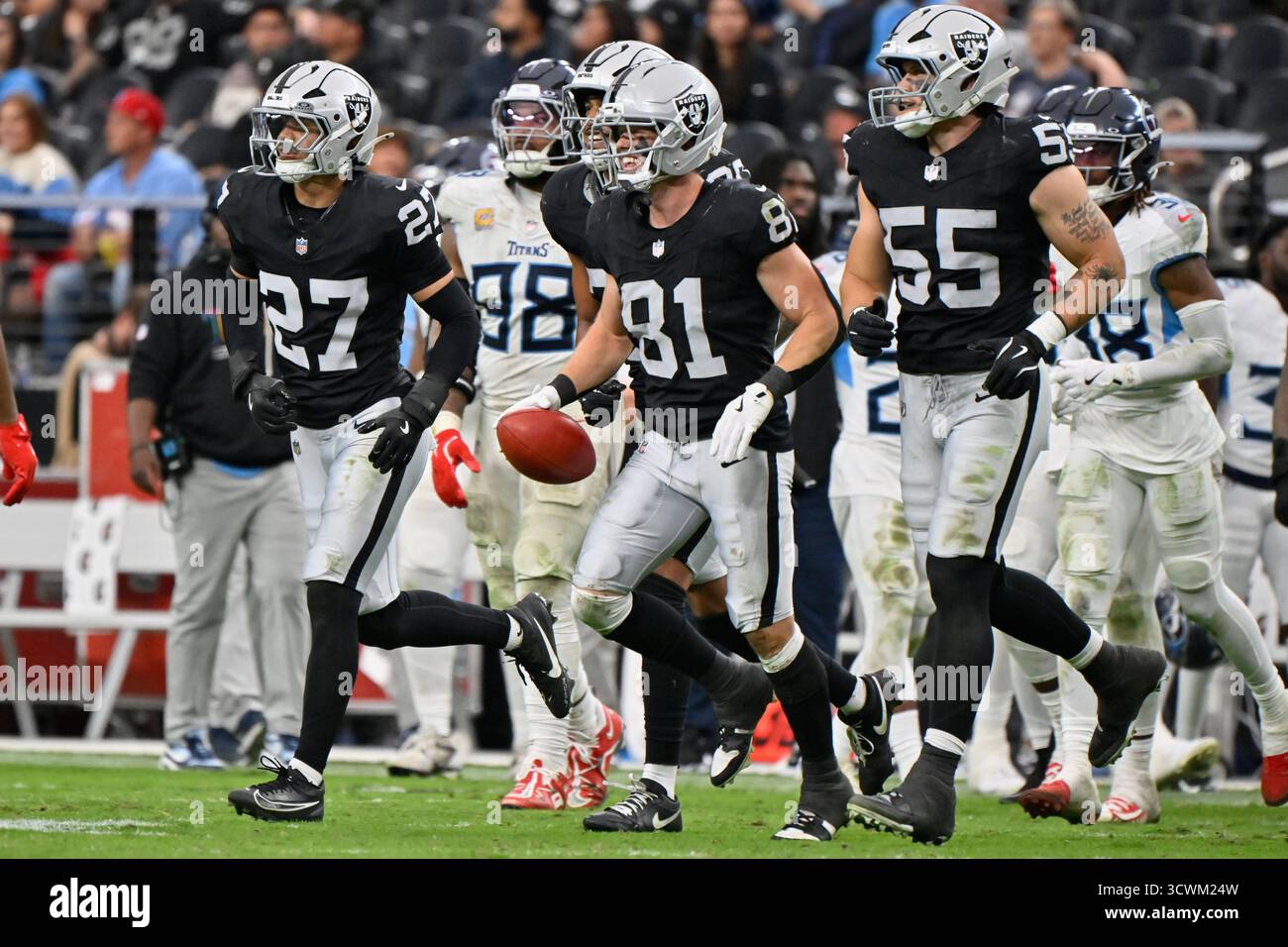 Las Vegas Raiders wide receiver Alex Bachman (81) reacts after getting ...