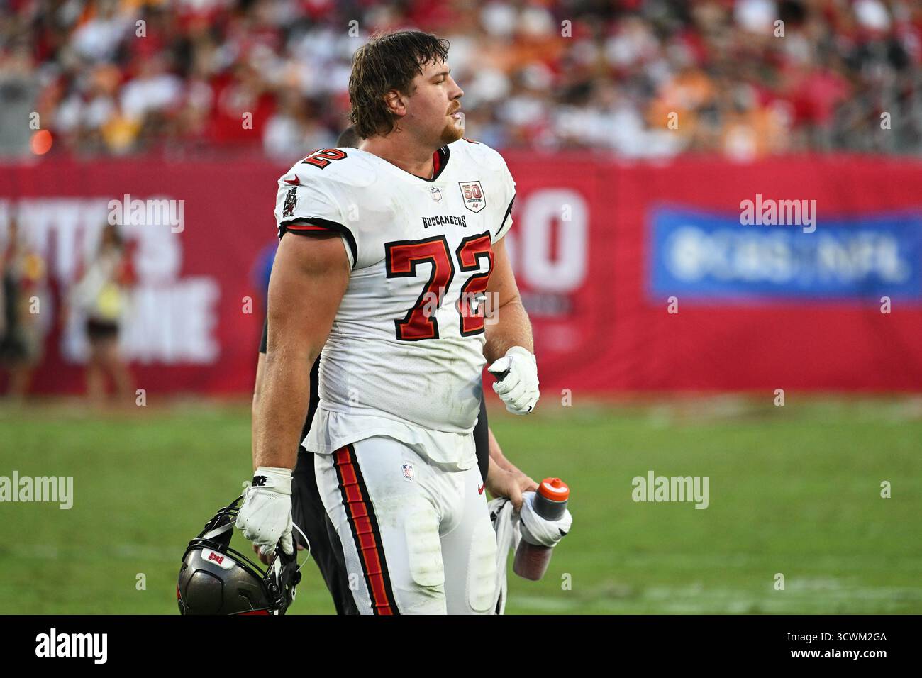 Tampa Bay Buccaneers offensive tackle Luke Haggard (72) walks toward ...