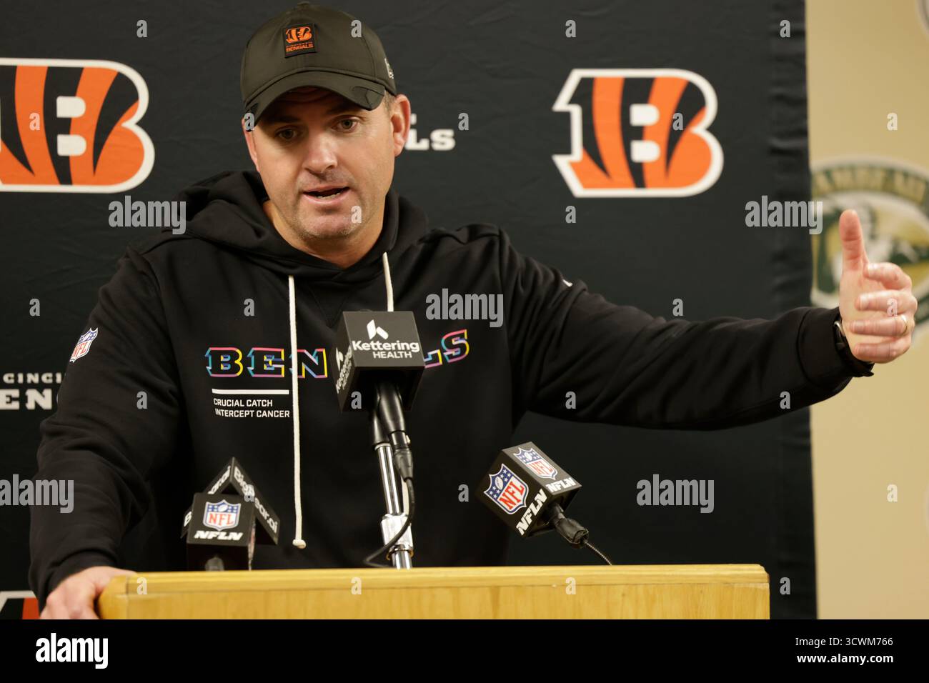Cincinnati Bengals head coach Zac Taylor speaks during a news ...