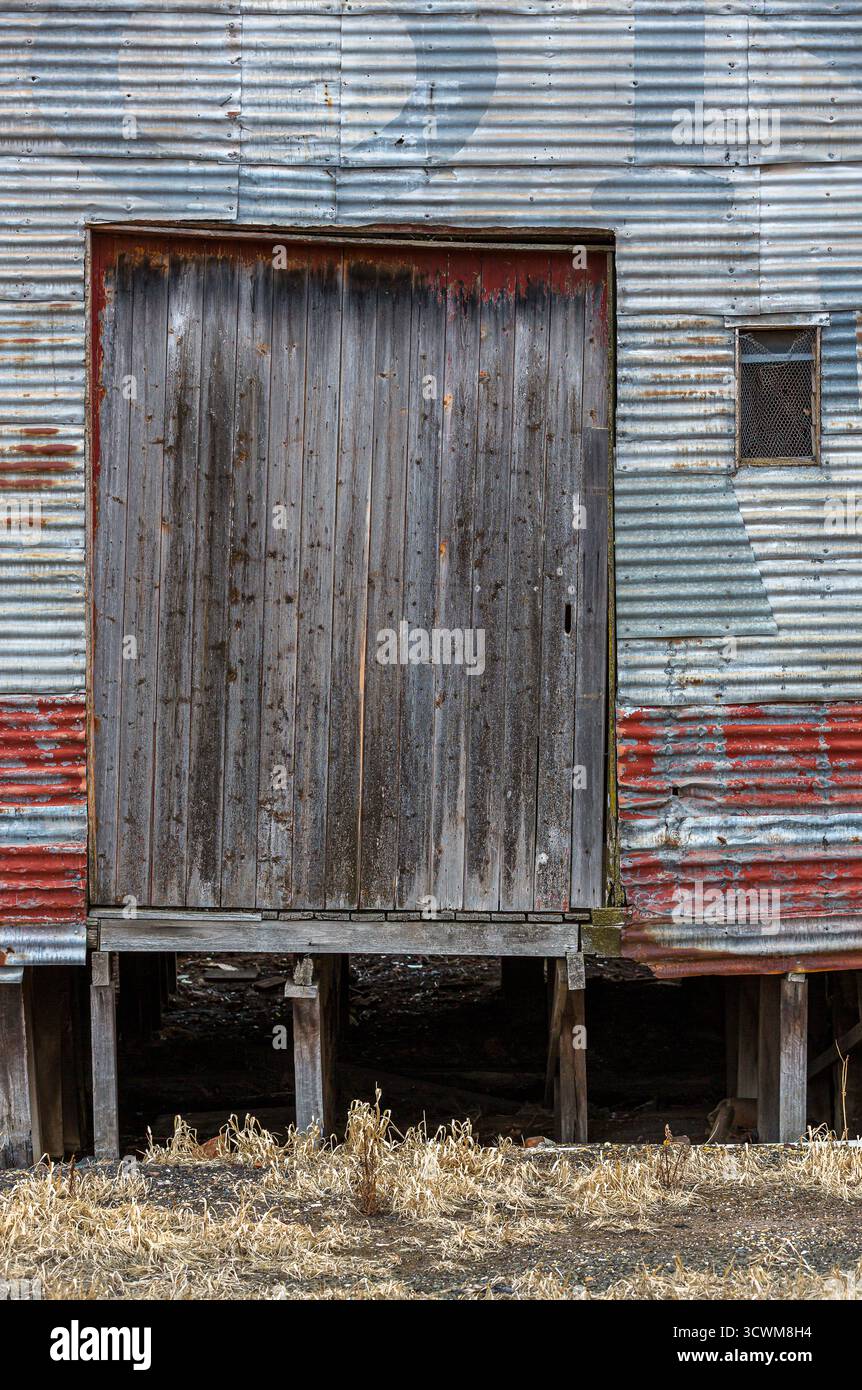 Weathered timber door set in a corrugated metal wall of an abandoned ...