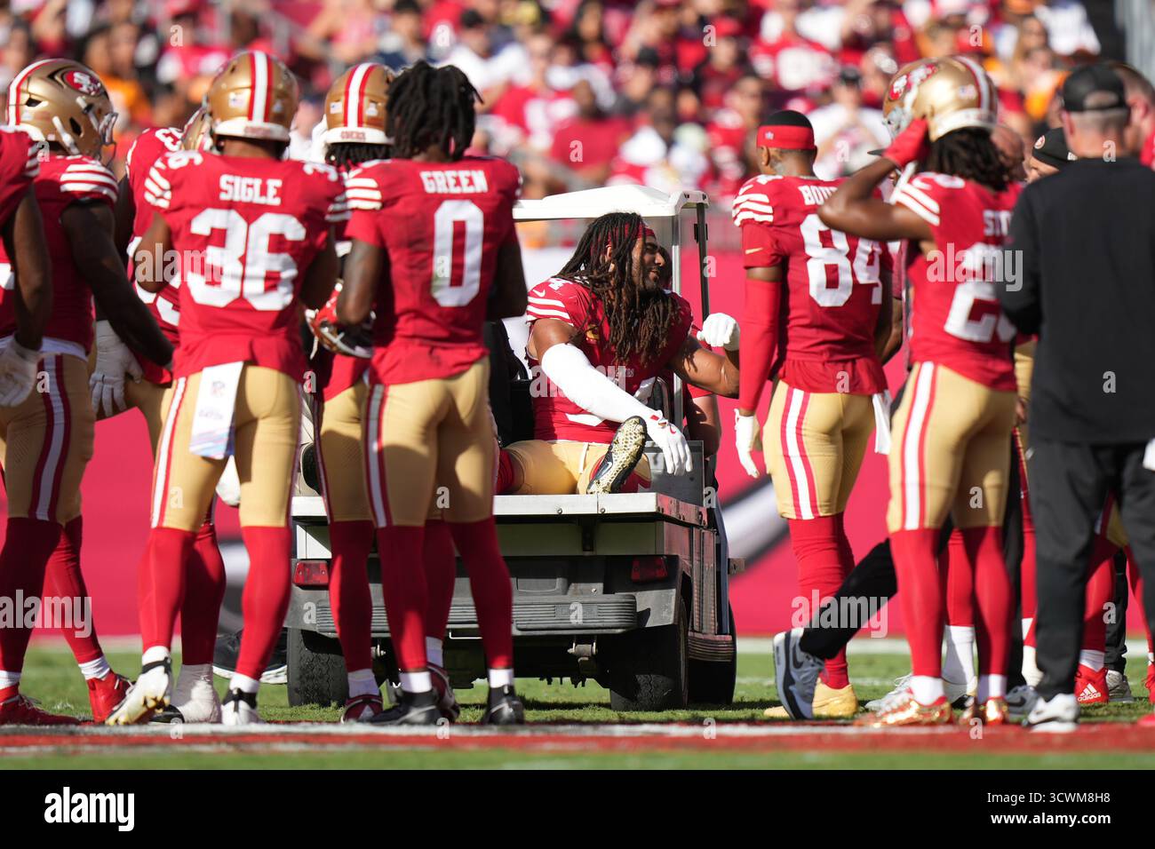 San Francisco 49ers middle linebacker Fred Warner (54) leaves with an ...