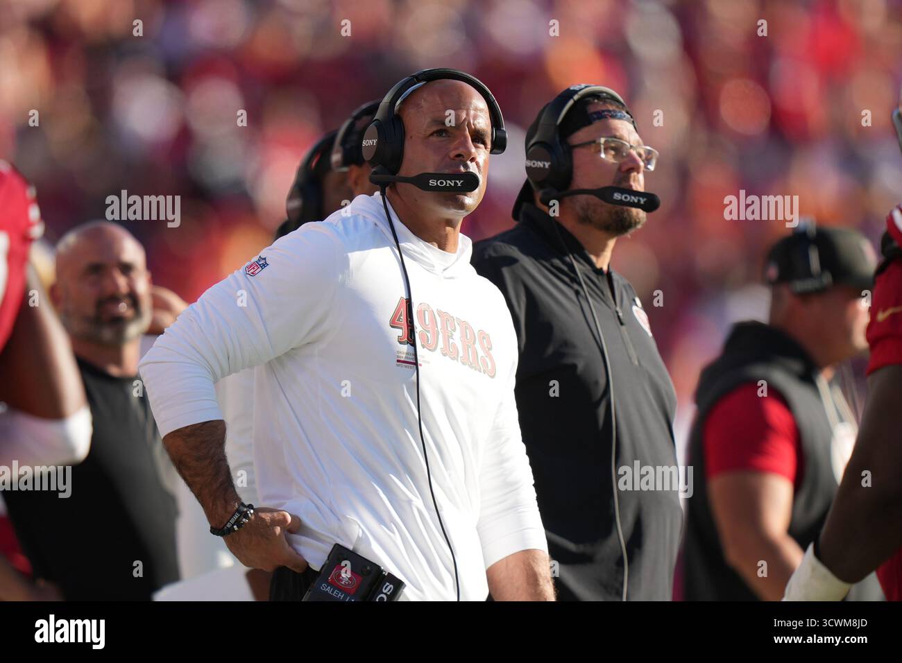 San Francisco 49ers head coach Kyle Shanahan watches a replay on the ...