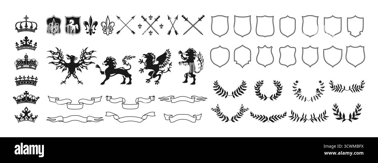 Heraldic crest or coat of arms vector set. Heraldry elements animals ...