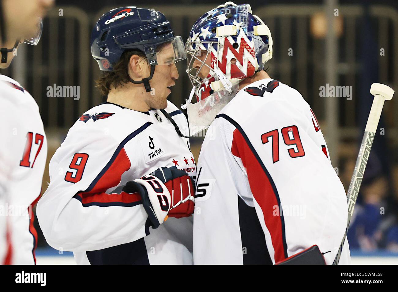 Washington Capitals' Ryan Leonard (9) and goaltender Charlie Lindgren ...