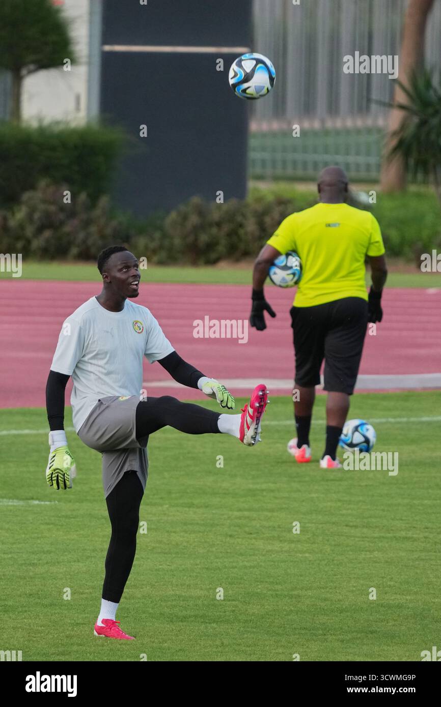 Senegal's goalkeeper, Édouard Mendy, trains during a training session ...