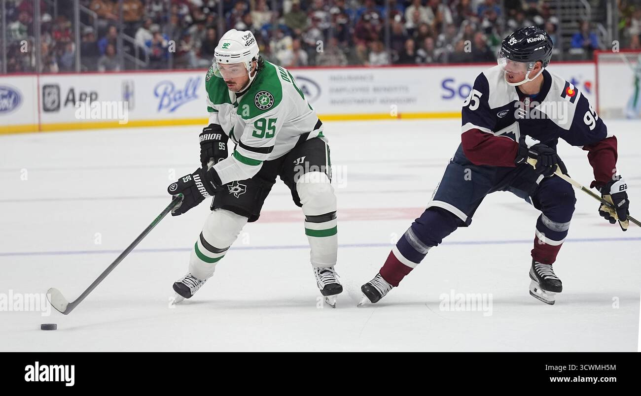 Dallas Stars center Matt Duchene (95) collects the puck as Colorado ...