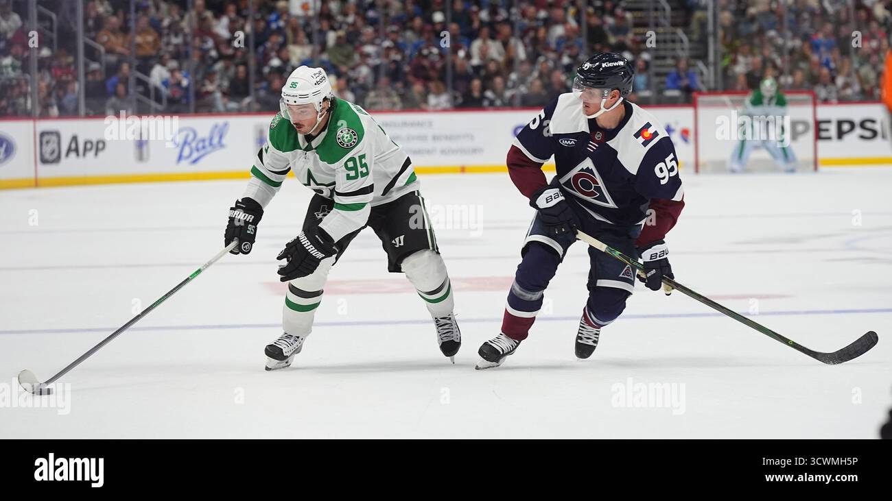 Dallas Stars center Matt Duchene (95) collects the puck as Colorado ...