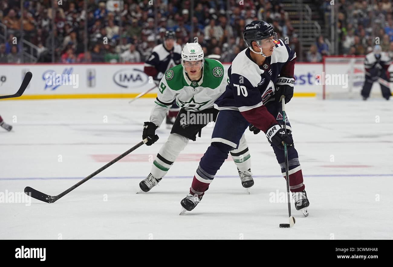 Colorado Avalanche defenseman Sam Malinski (70) is pursued by Dallas ...