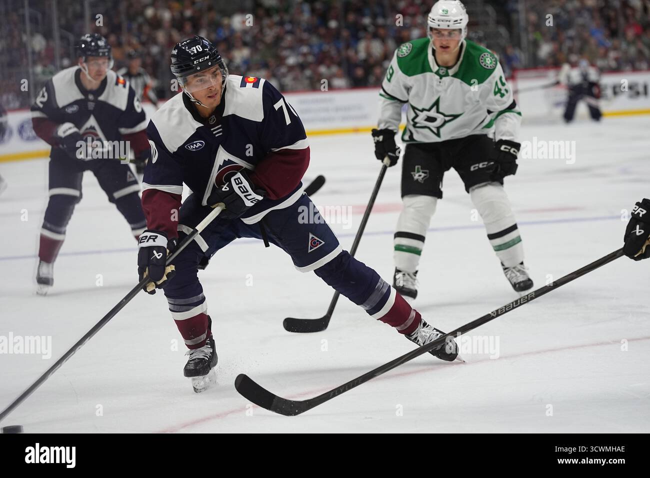 Colorado Avalanche defenseman Sam Malinski (70) in the third period of ...