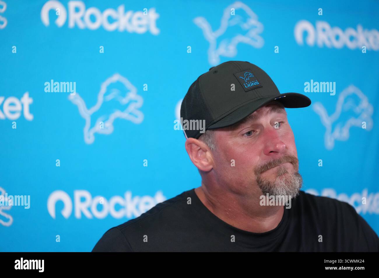 Detroit Lions head coach Dan Campbell pauses during a news conference ...