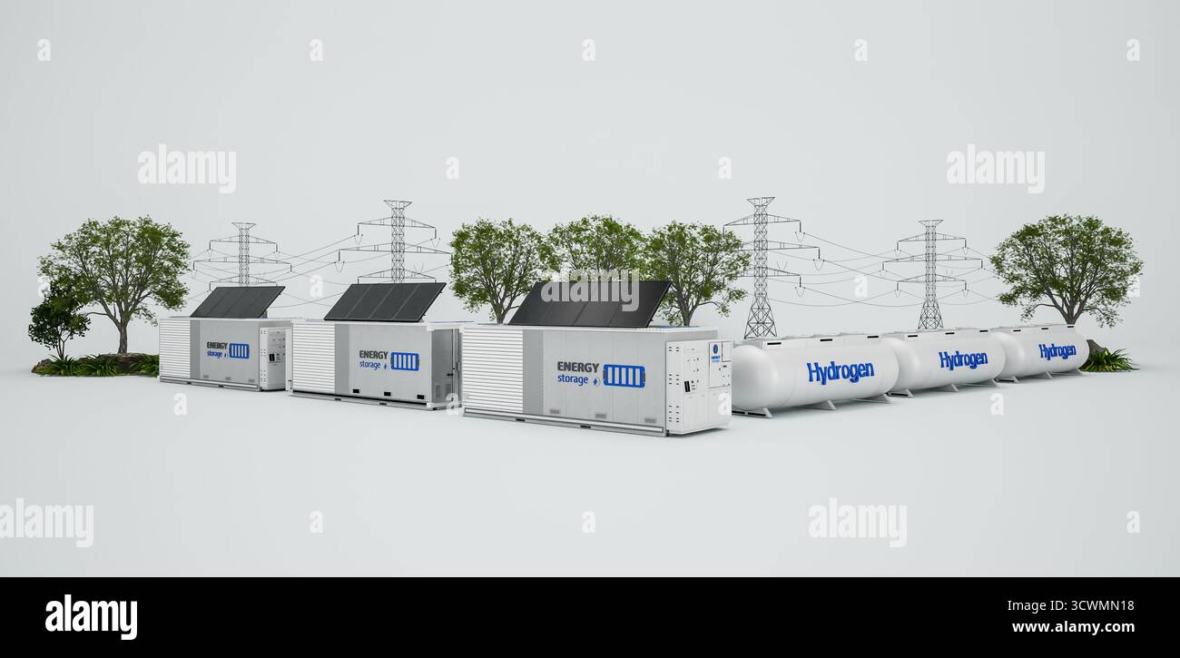 Alternative energy concept with 3d rendering group of energy storage ...