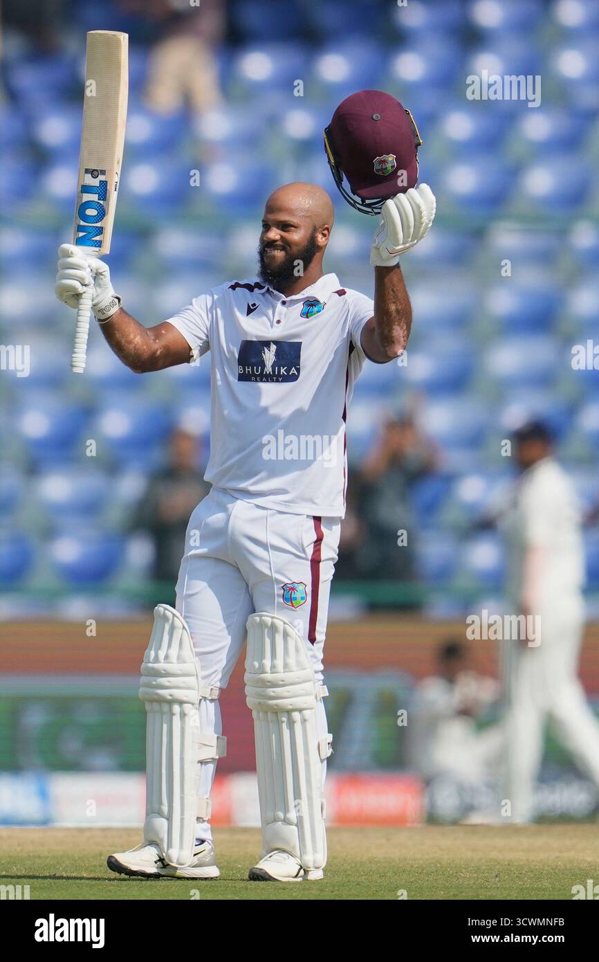 West Indies' John Campbell celebrates after scoring a century on the ...