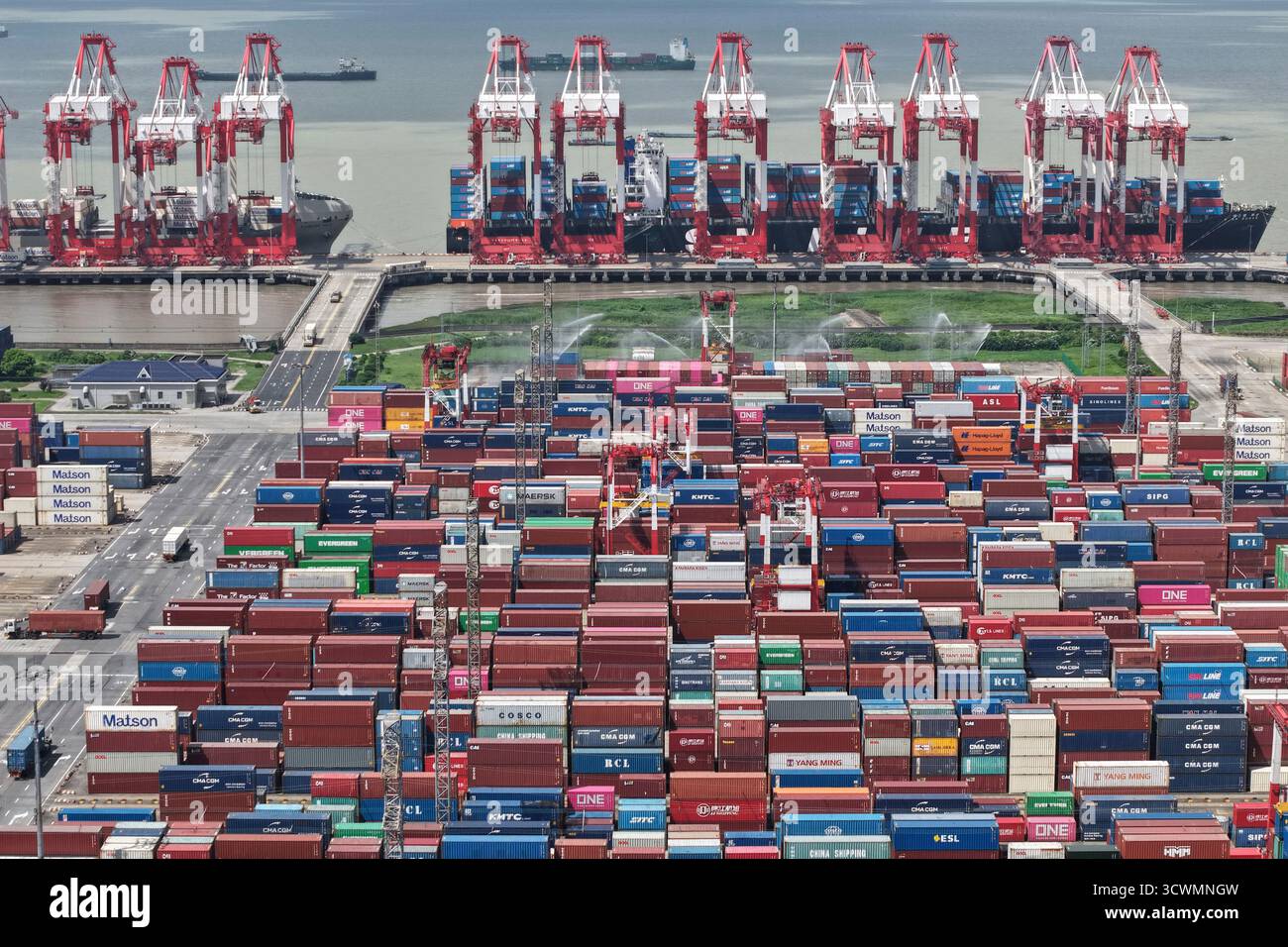 An aerial view of a container terminal in Shanghai, China Monday, Oct ...