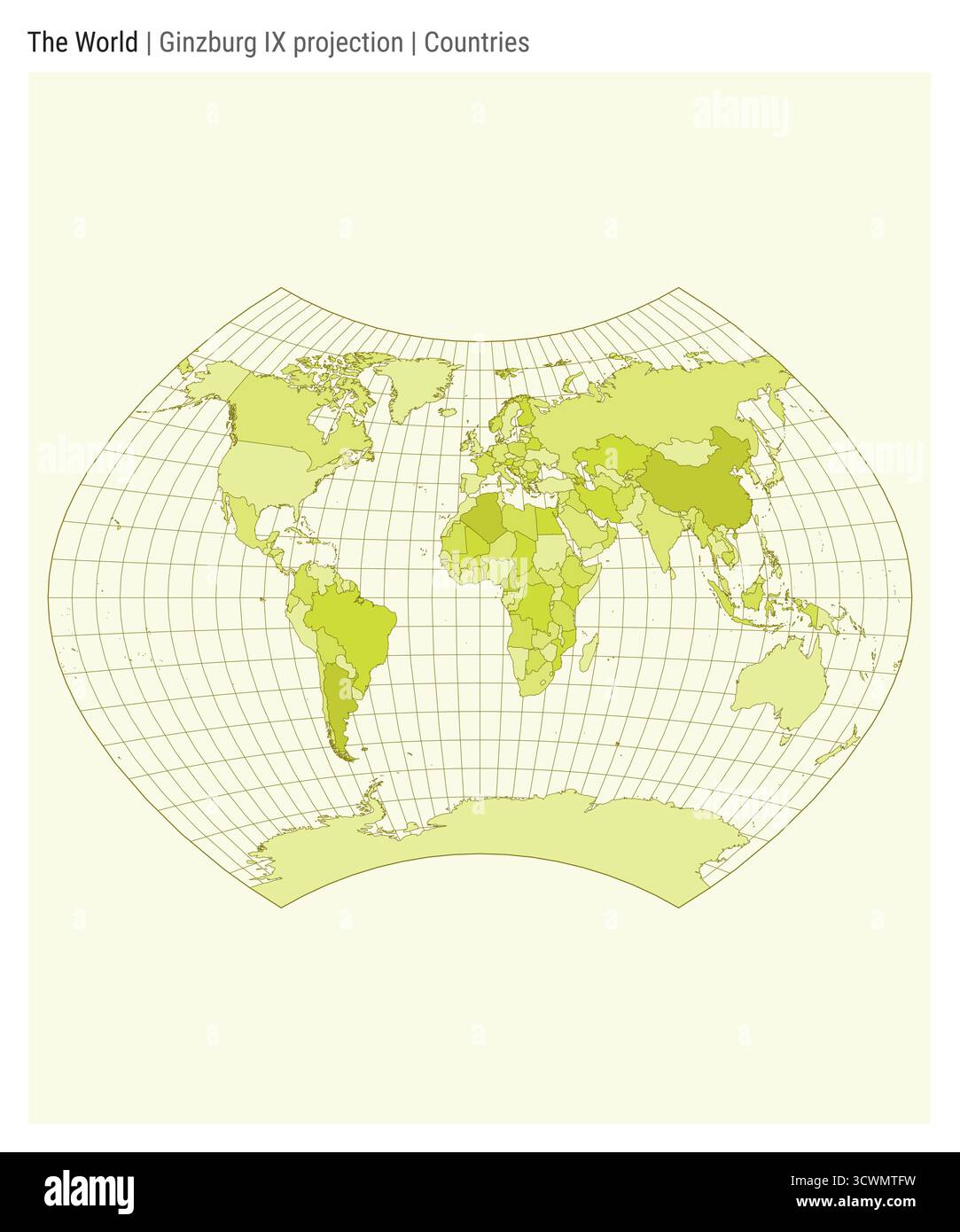 High-detail world map in Ginzburg IX projection, countries style. Ideal ...